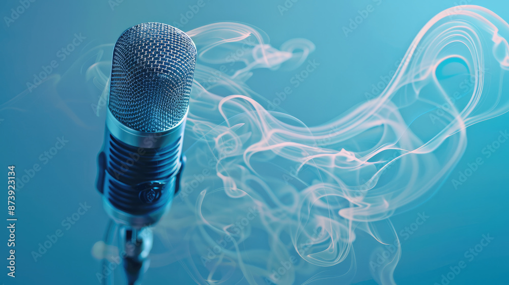 Microphone, Dynamic microphone with flowing waveforms on a baby blue ...