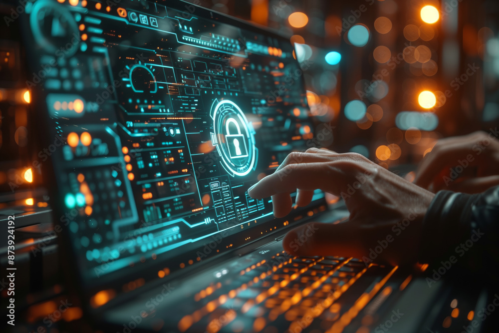 Digital screen with security icons and padlock behind hands typing on a ...