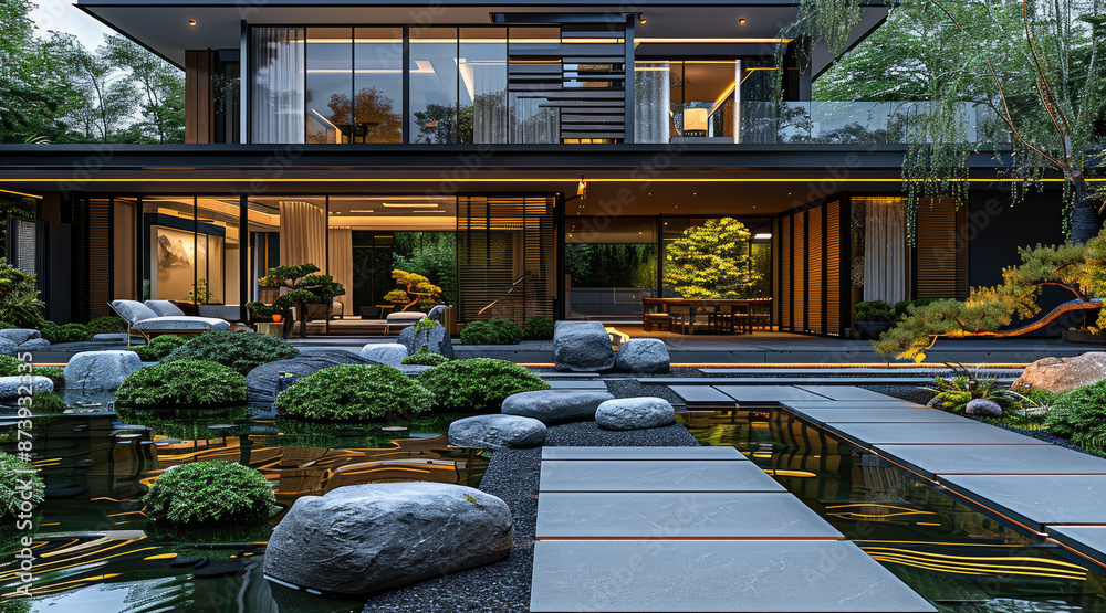 Modern villa, courtyard design, rockery and stone steps in the front ...