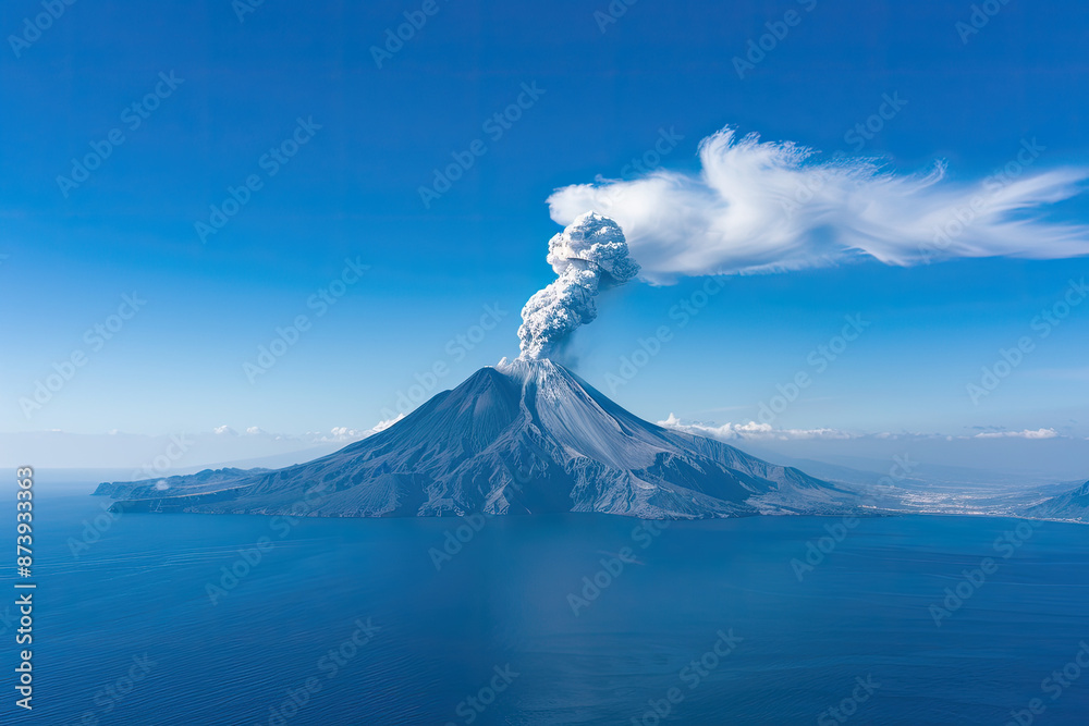 The image shows an erupting volcano. The volcano is surrounded by the ...