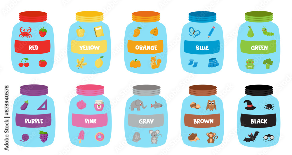 Learning basic colors for preschool kids. Set of color jars with ...