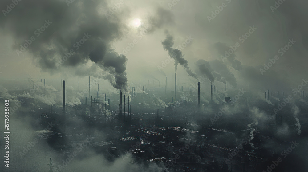Industrial landscape enveloped in thick smog with numerous chimneys ...