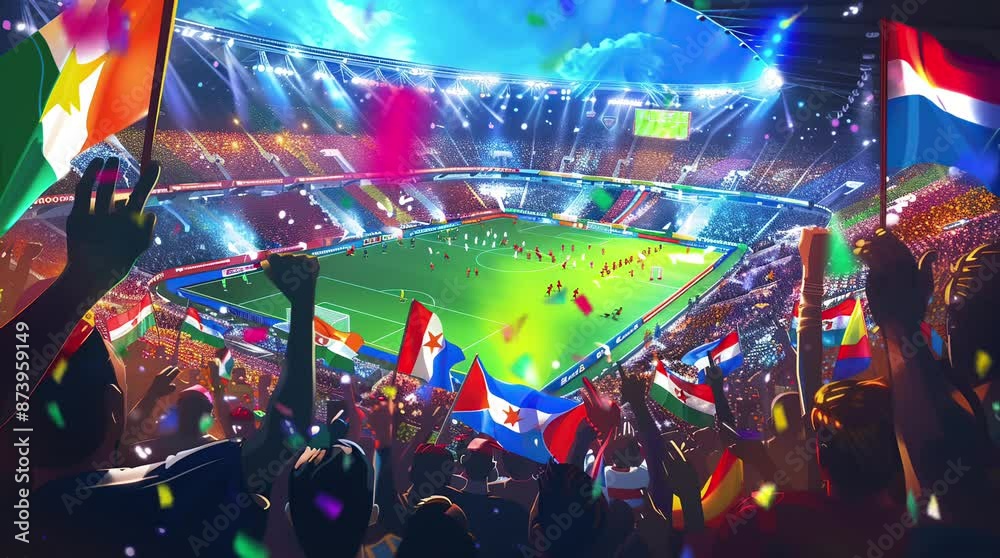 Football stadium with supporters cheering. Dynamic scene of a packed ...