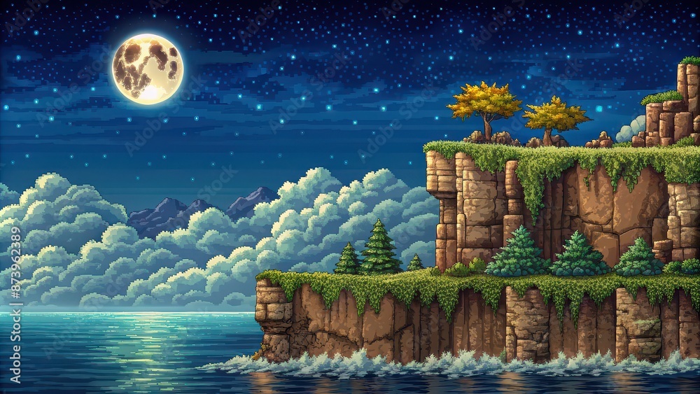 16-bit pixel art spritesheet of a night cliff tip in Metal Slug style ...