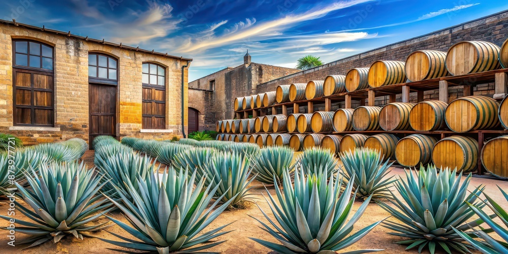 Tequila distillery building with large wooden barrels and agave plants ...