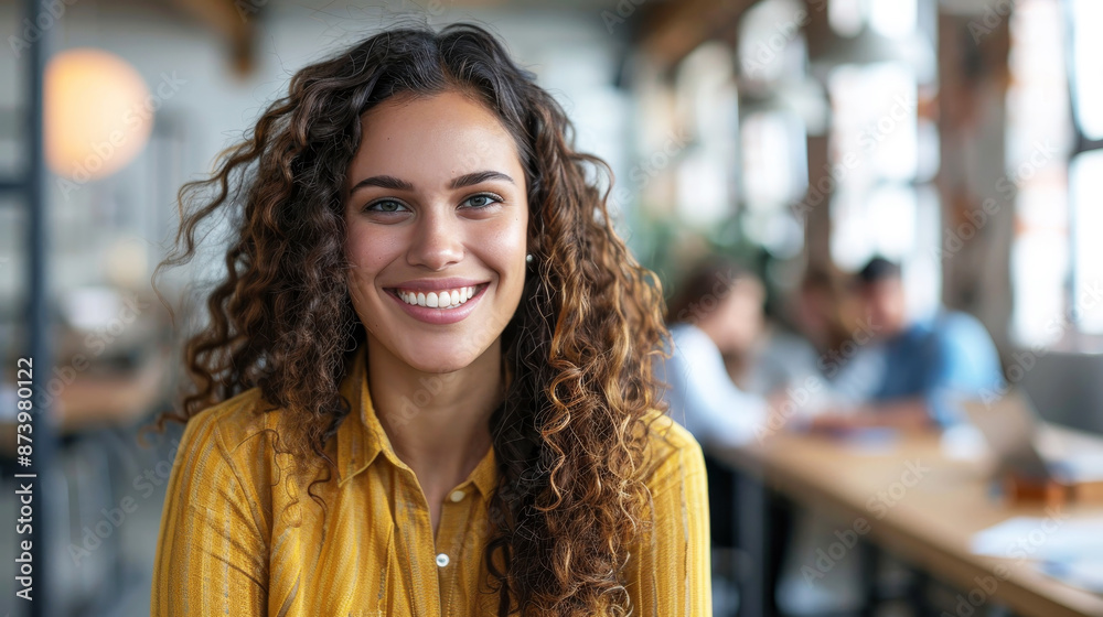 Happy woman smiling at the camera in a modern office with team working ...