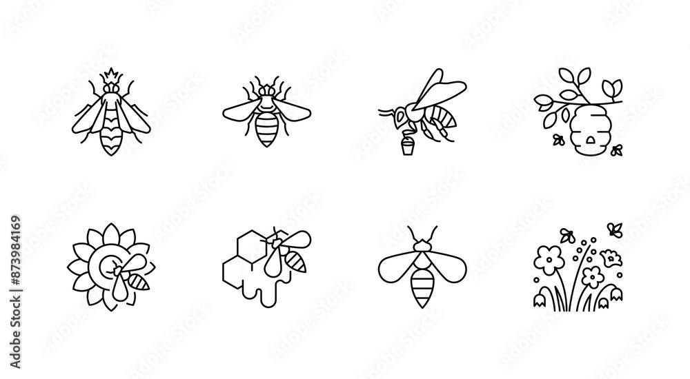 Honey bee icon set - queen bee, a worker bee, hive, comb, sunflower ...