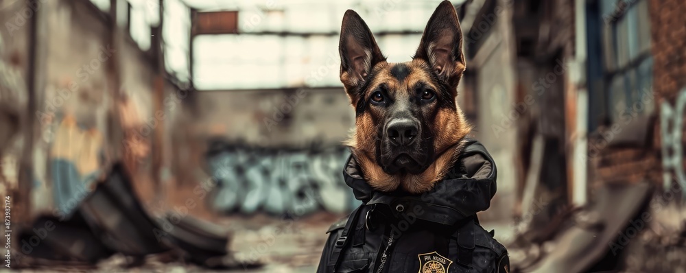 German Shepherd K9 police dog in tactical vest stands alert in an ...