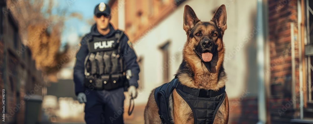 Police officer and German Shepherd in tactical gear patrolling an urban ...