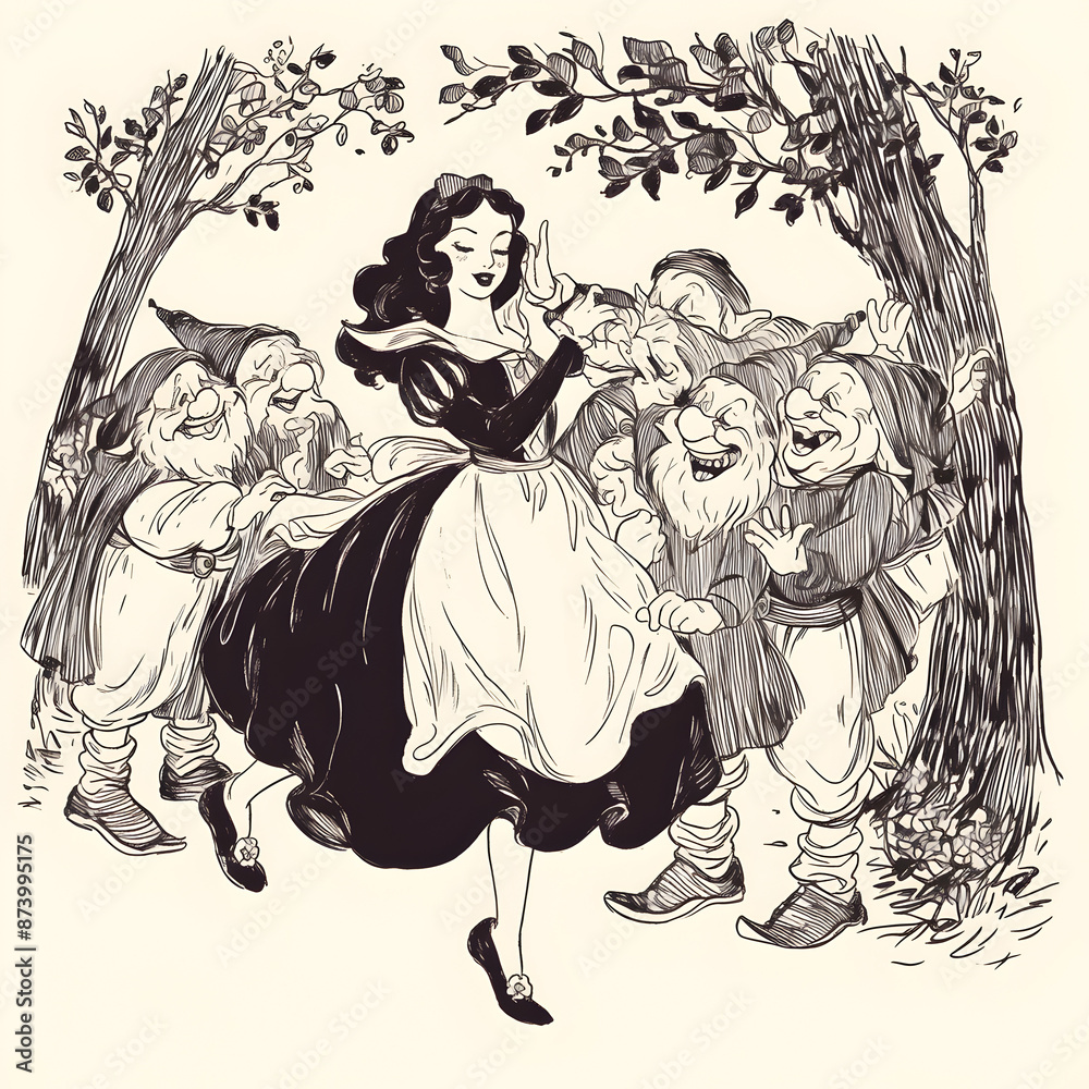 Snow White with seven dwarfs happily dancing in the forest ...