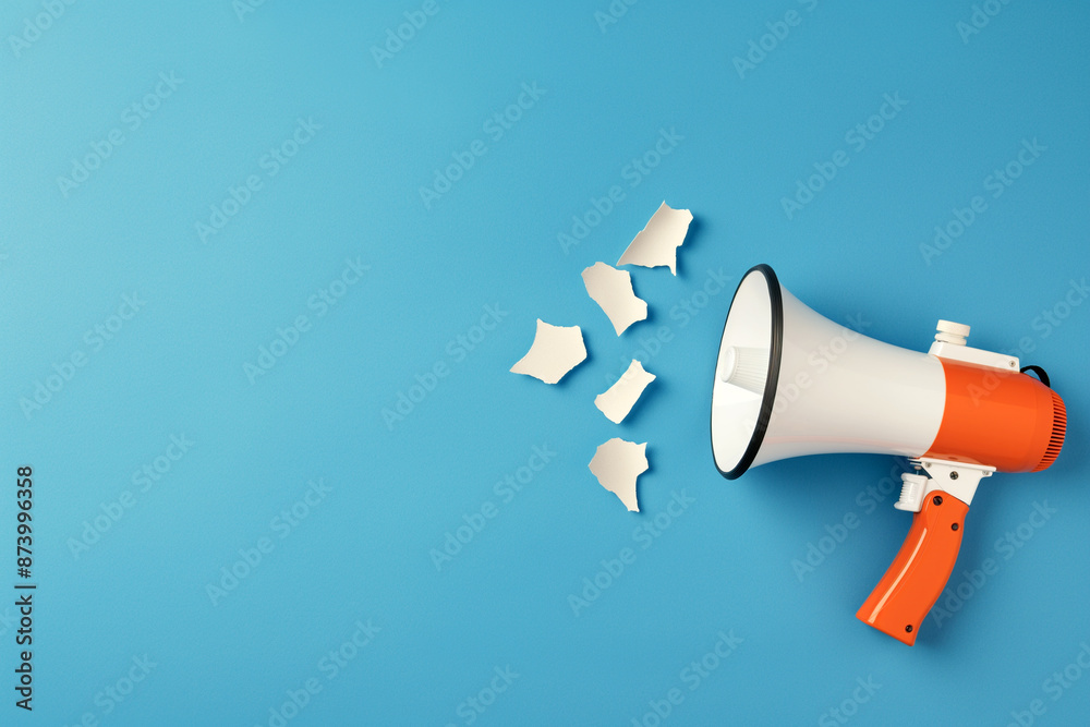 Hand holding megaphone with hole in blue paper background. Concept for ...