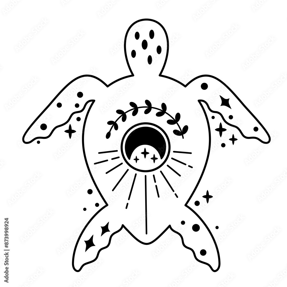 Vetor de Black and white ocean animal. Boho turtle clipart in flat ...