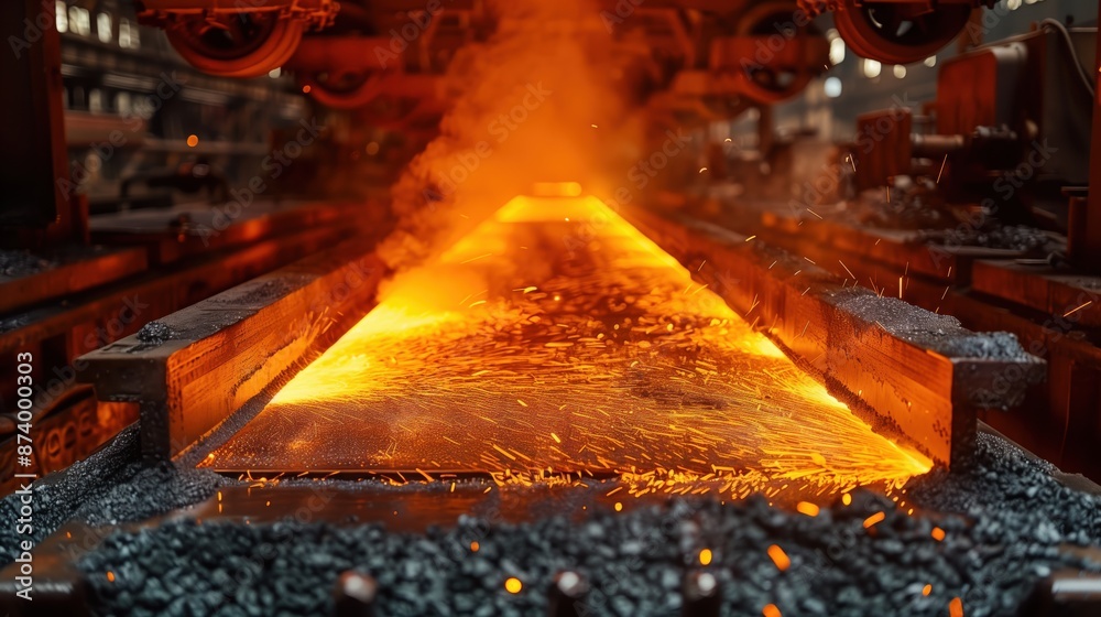 Molten Steel Slab in Industrial Factory. Glowing, red-hot steel slab ...