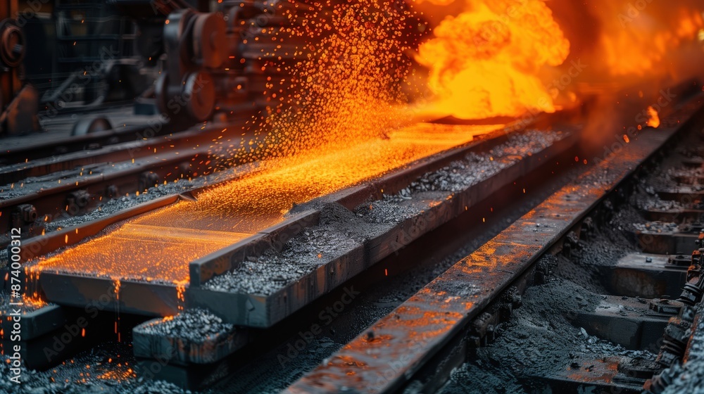 Steel Mill with Glowing Hot Metal. Steel mill processing red-hot metal ...