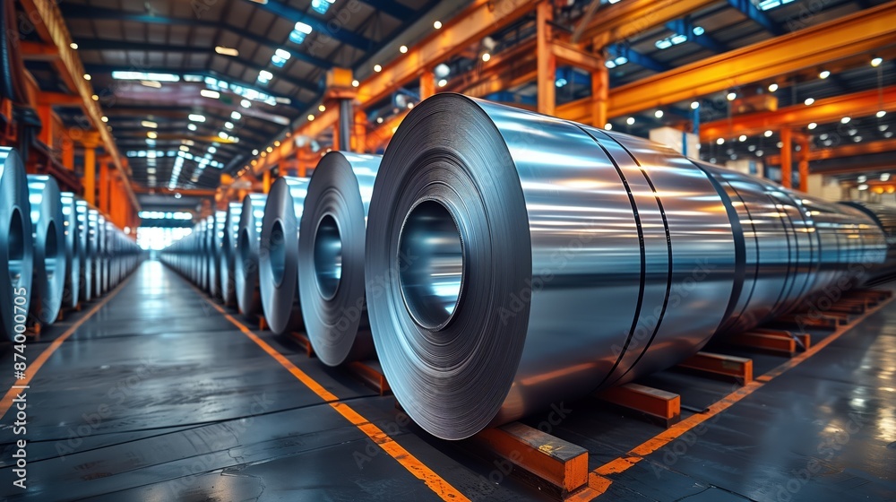Organized Steel Rolls in Factory Warehouse. Organized rows of steel ...