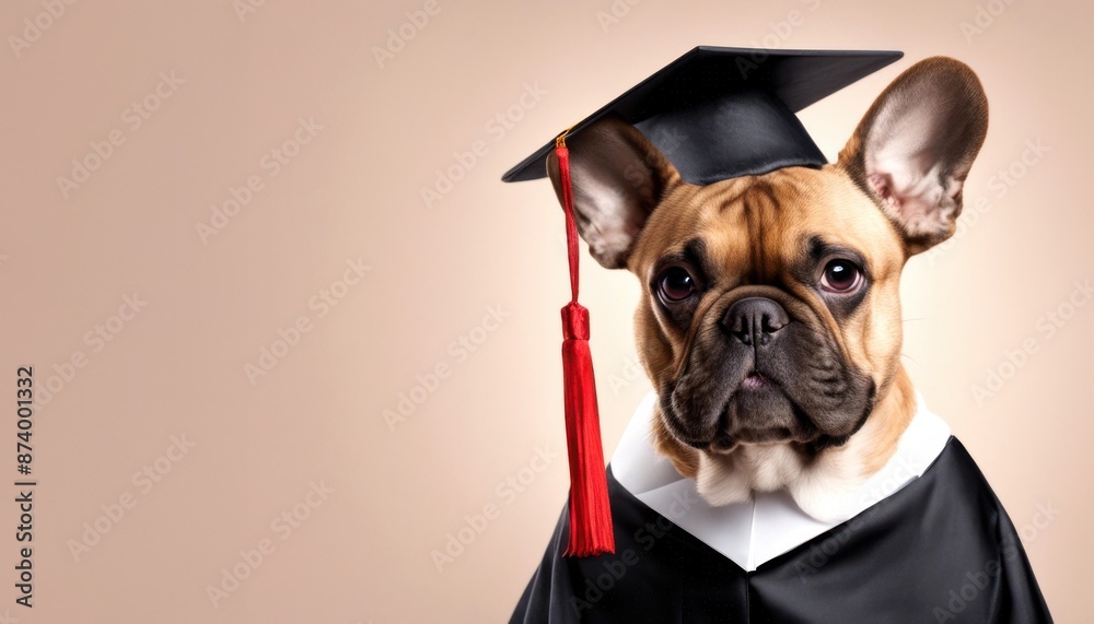 Adorable French Bulldog wearing graduation cap and gown on beige ...