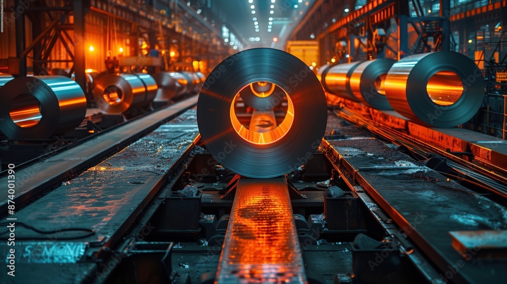 Hot Steel Coils in Rolling Mill. Hot steel coils being processed in a ...