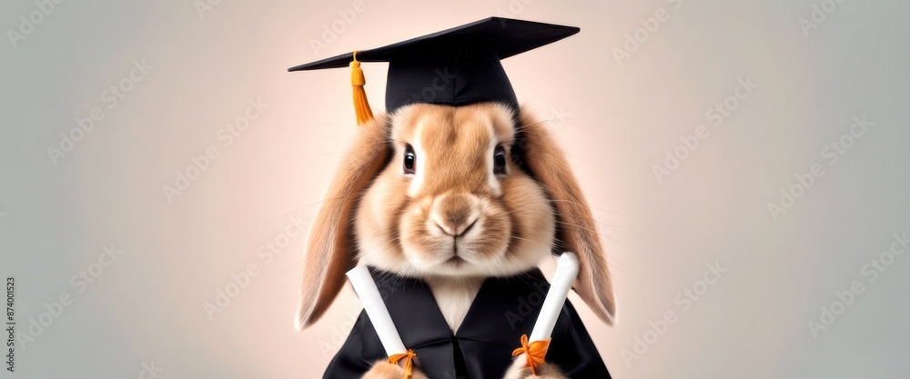 Adorable rabbit in a graduation cap holding diplomas, celebrating ...