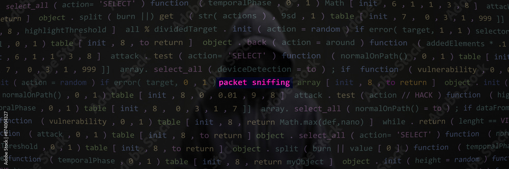 Cyber attack packet sniffing text in foreground screen, Anonymous hacker hidden with hoodie in ...