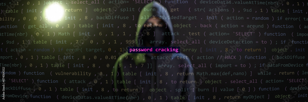 Cyber attack password cracking text in foreground screen, Anonymous hacker hidden with hoodie in ...