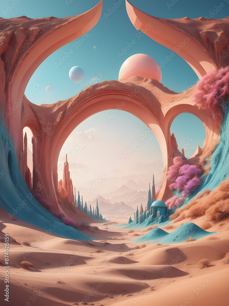 3d render Surreal pastel landscape background with geometric shapes ...