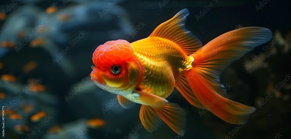 Magnificent Oranda goldfish with bright orange head, gliding gracefully ...