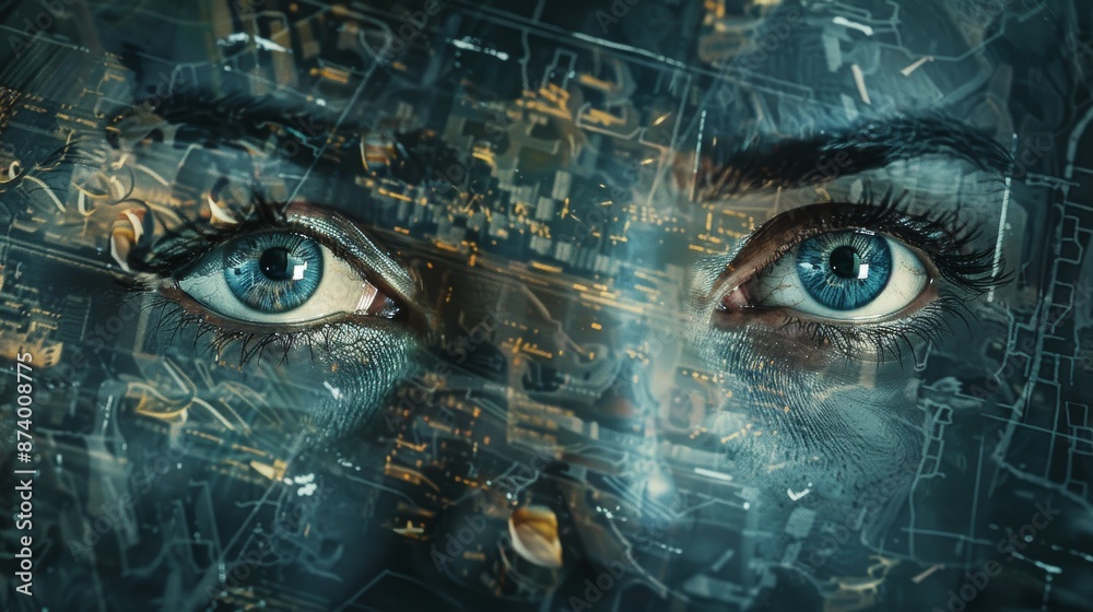 image of five disembodied eyes looking over a collage scene of A map ...