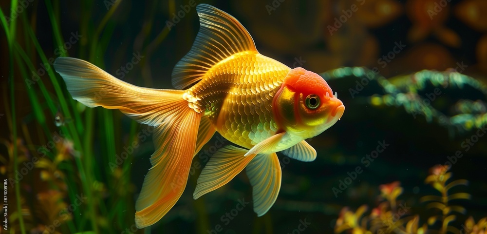 Oranda goldfish with flowing fins, illuminated by soft light, aquatic ...