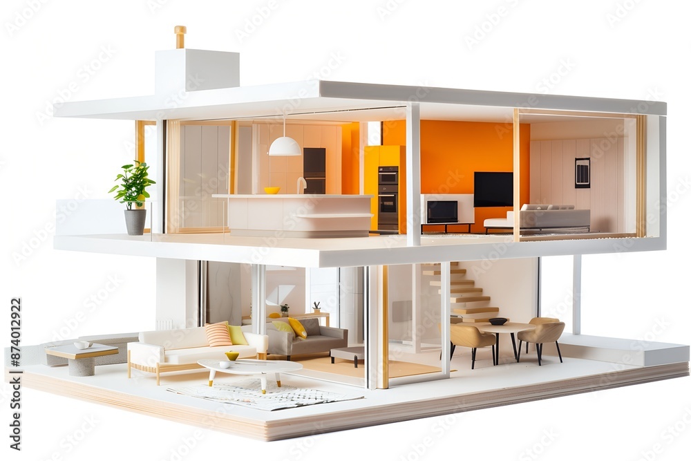Miniature model of house in section with interior rooms, building ...