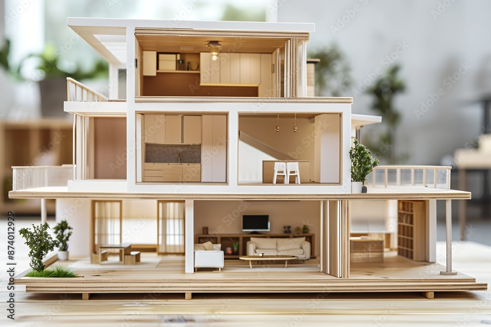 Miniature model of house in section with interior rooms, building ...