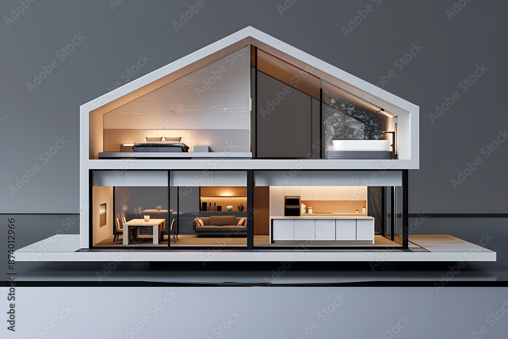 Miniature model of house in section with interior rooms, building ...