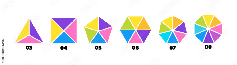 Segmented diagrams of geometric figures such as triangle, square ...