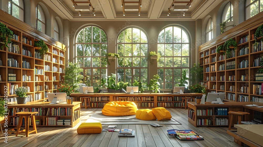 A cozy 3D isometric view of a school library, showcasing rows of ...