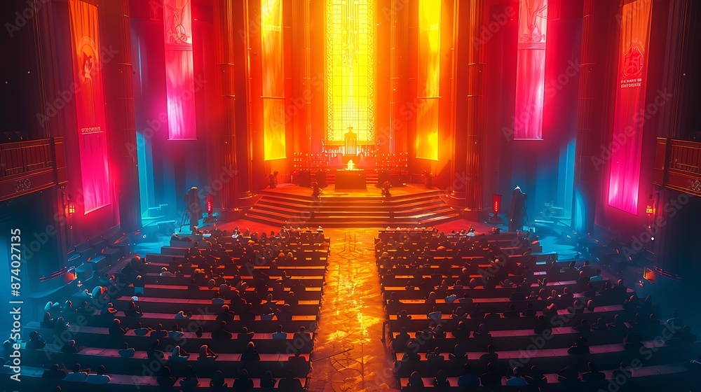 A vibrant 3D isometric view of a school assembly hall, showcasing a ...