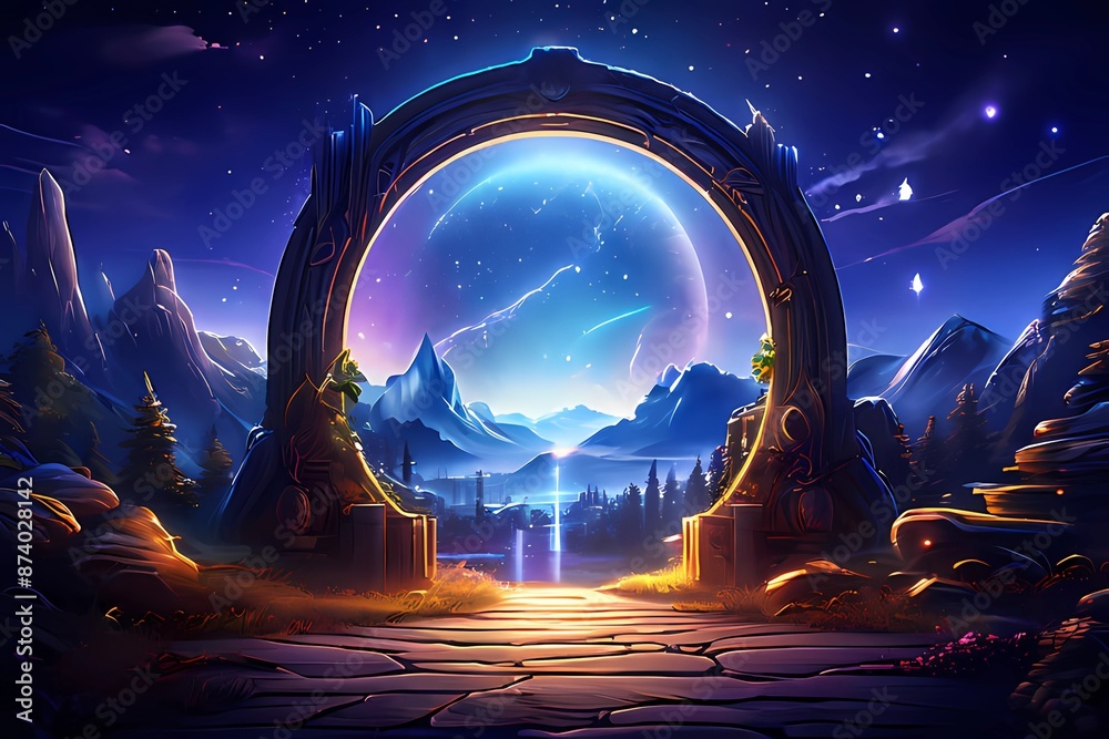 An enchanting night scene featuring a magic portal radiating energy ...