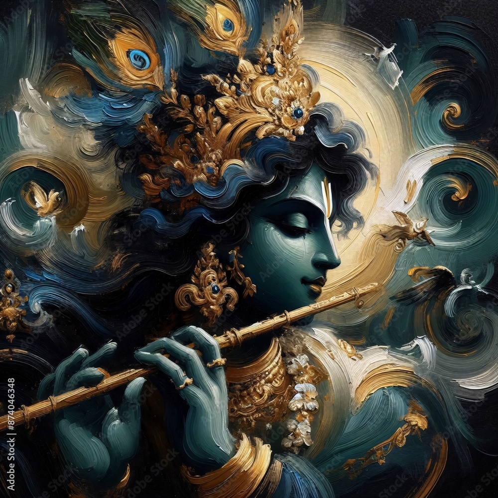 dark blue, green and golden oil paint brush stroke art of lord krishna ...