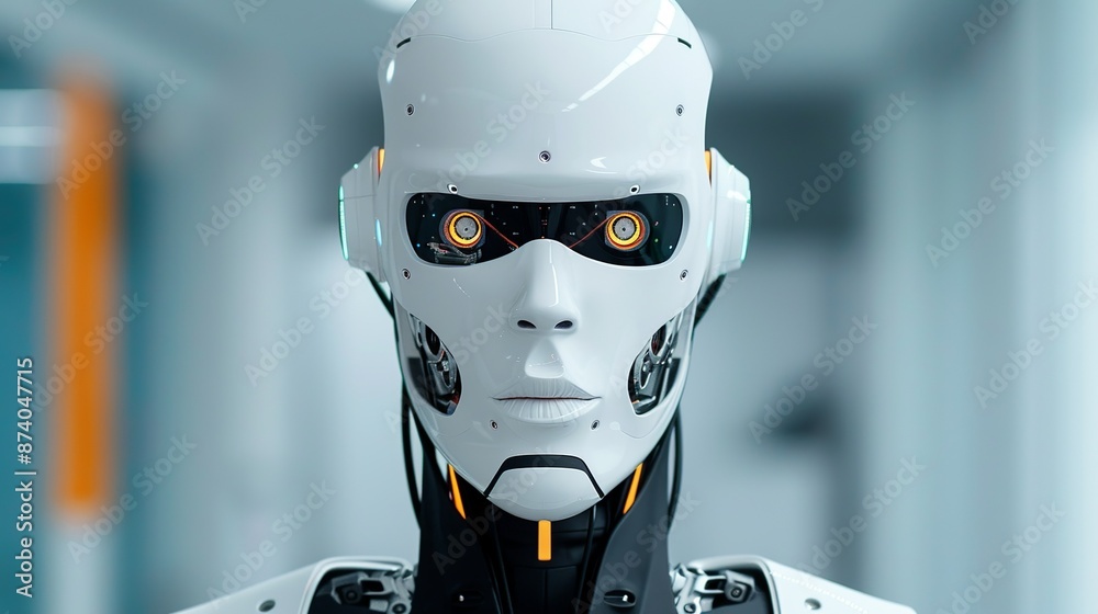 Design a robotic character with sleek, mechanical features and ...