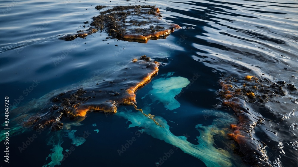 High-quality photograph of an oil spill in the ocean, showing the stark ...