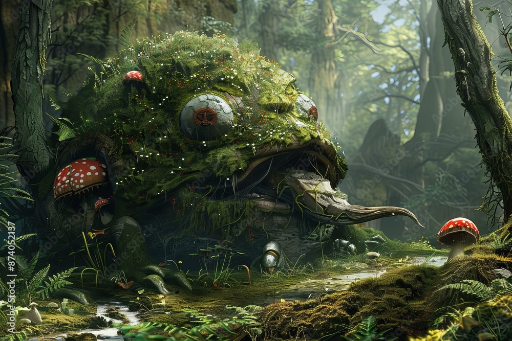 Digital artwork of an enchanted forest frog habitat with lush foliage ...
