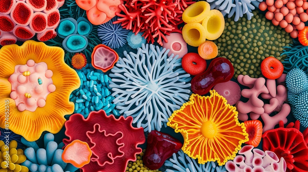 Depict the intricate beauty of microbial life under a microscope ...