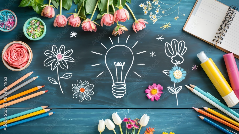 Blackboard with colorful chalk drawings and motivational quotes, back ...