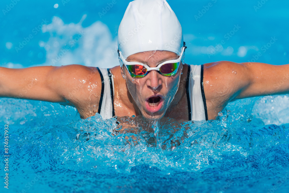 Female swimmer practices dolphin technique in outdoor pool. Swimming ...