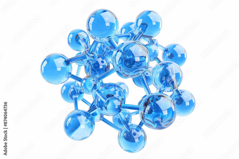 Blue molecule structure connecting atoms on white background ...