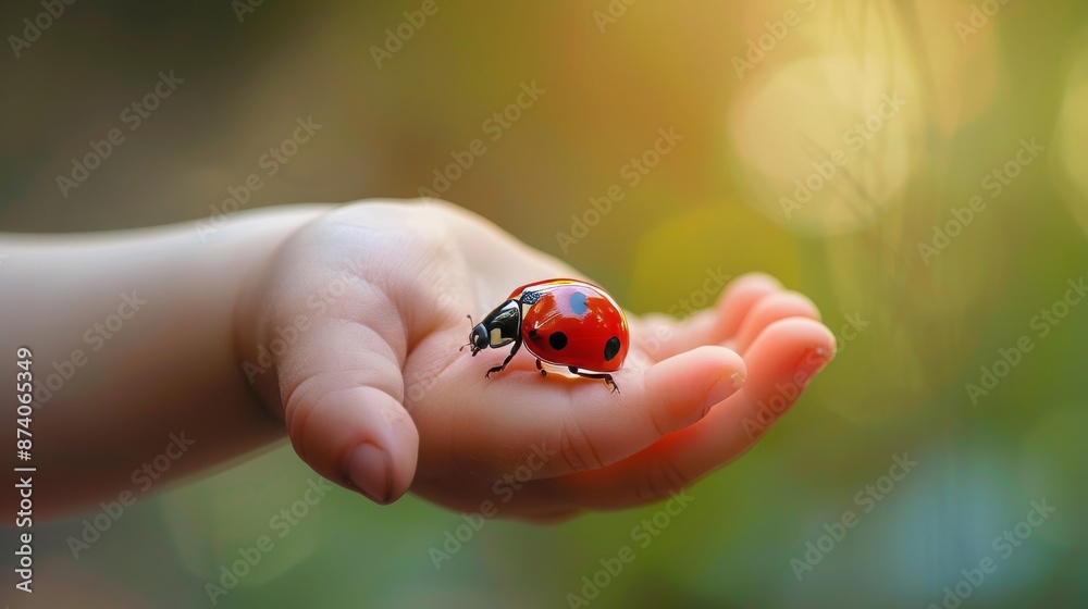 A ladybug clings gently to the child's hand that she is holding. The ...