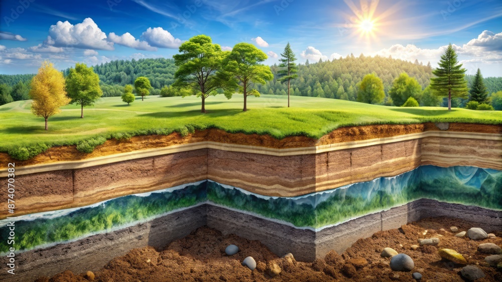A cross-section of earth reveals stratified layers of moist soil ...