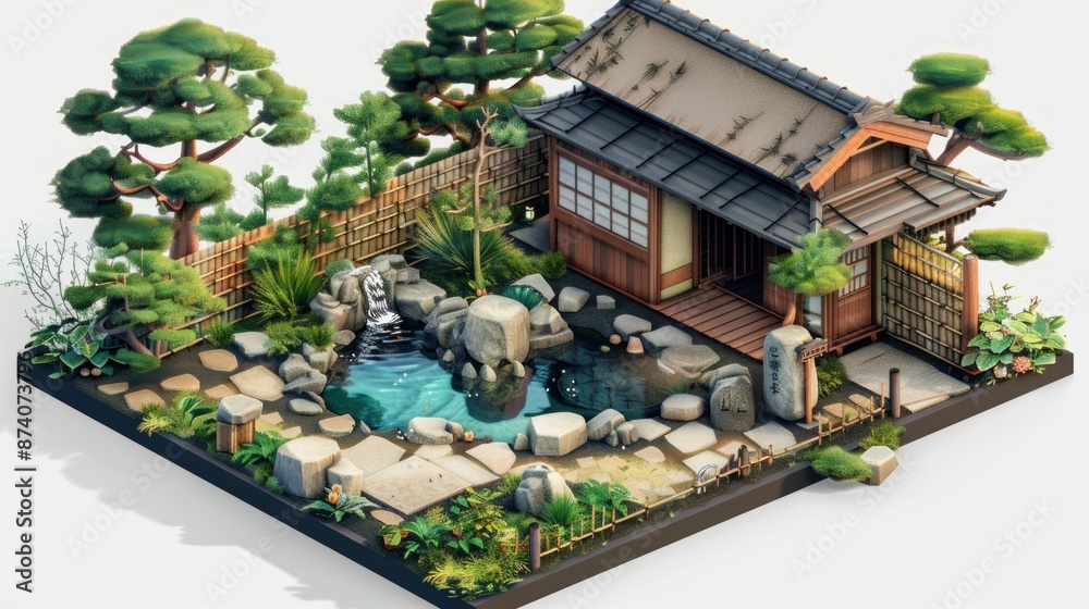 Isometric illustration of a traditional Japanese house with a beautiful ...