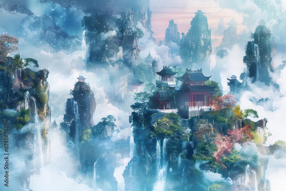 ethereal chinese fantasy landscape with floating islands and ornate ...