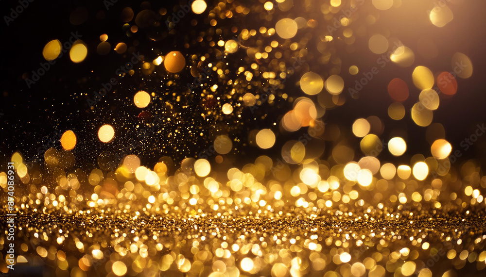 Gold glitter particles, shining gold sparks black background. Gold glow ...