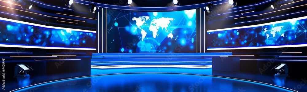 news channel front of a lighted blue background with tv studio lights ...