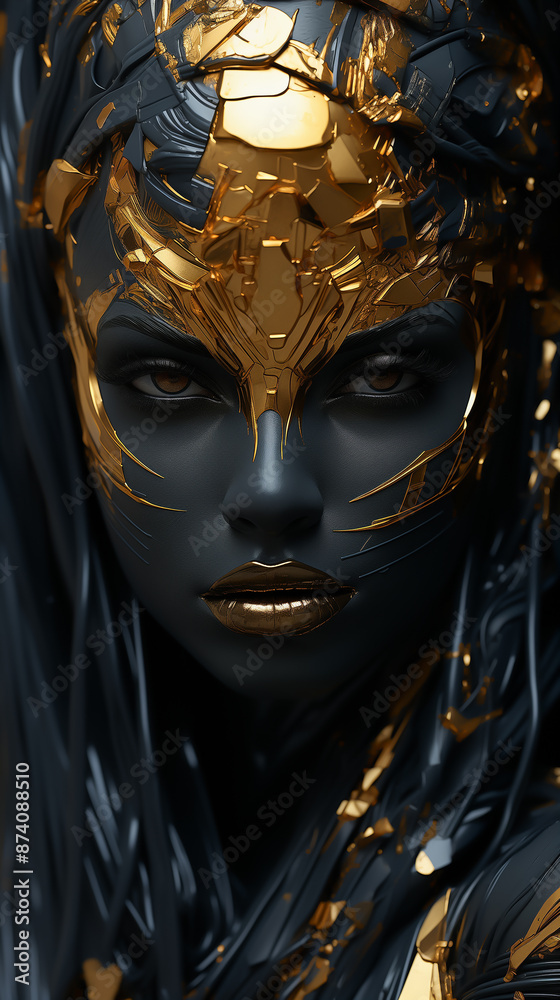 Fashion art, beauty woman painted in black and gold skin color body ...